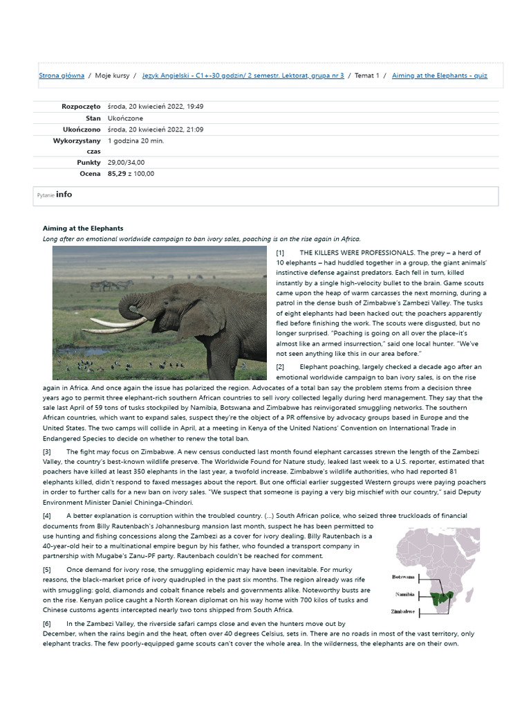 Aiming at The Elephants Quiz Przegląd Próby | PDF | Ivory | Poaching