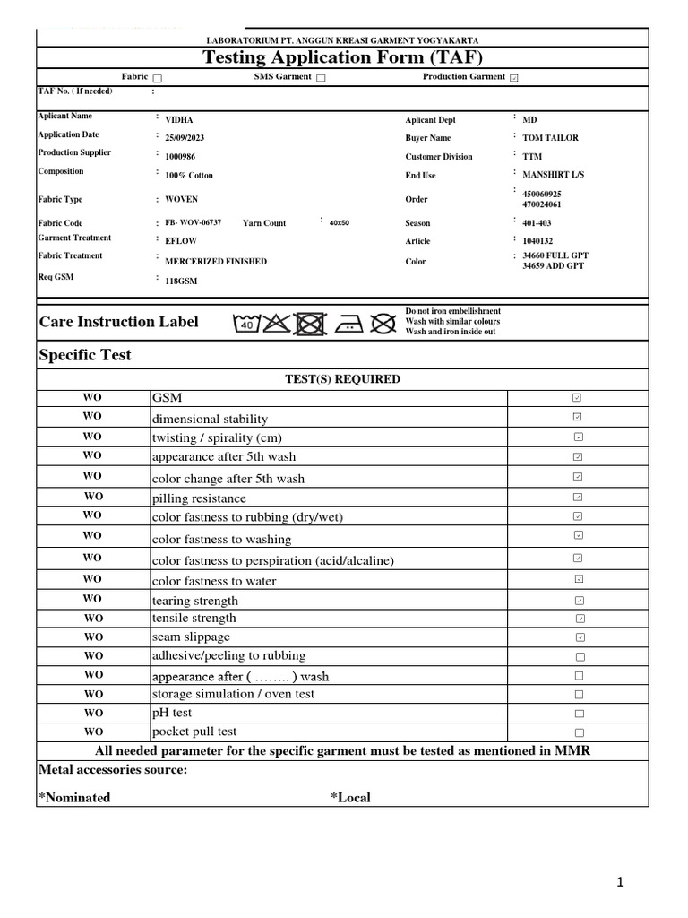 Testing Application Form (TAF) : Specific Test | PDF | Textiles | Materials