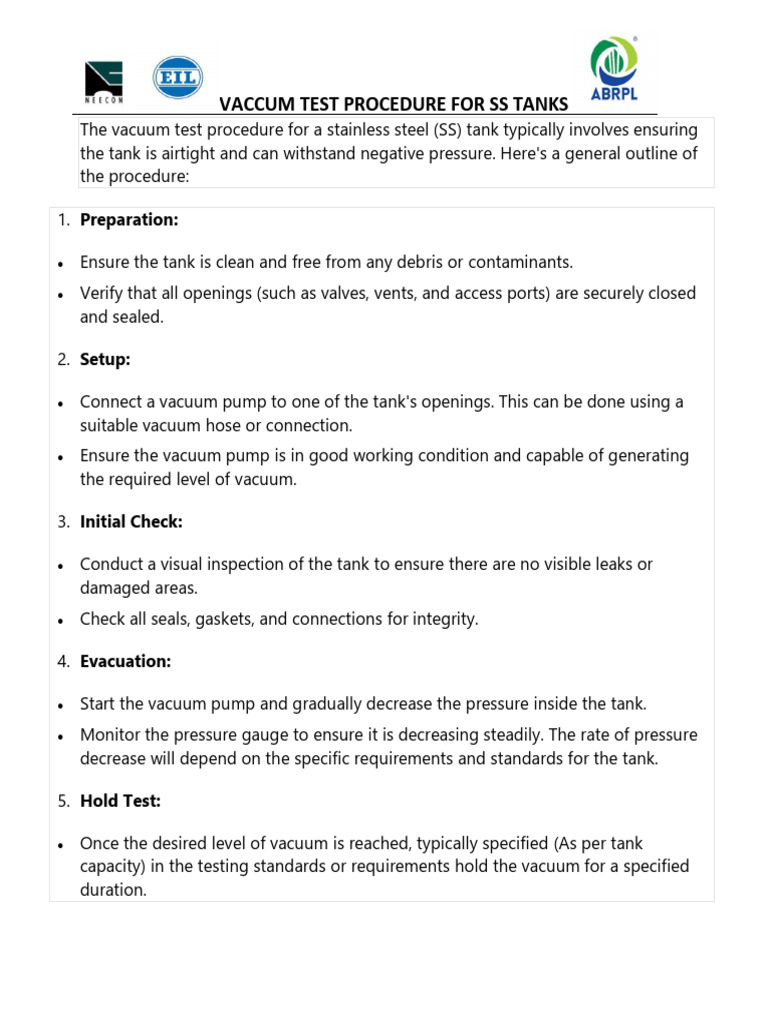Vacuum Testing Procedure for SS Tanks | PDF | Leak | Vacuum
