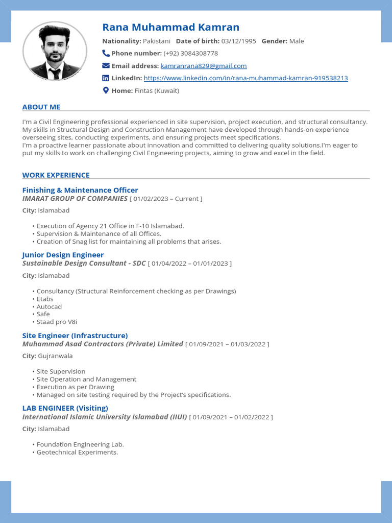 Rana Kamran CV… | PDF | Surveying | Civil Engineering