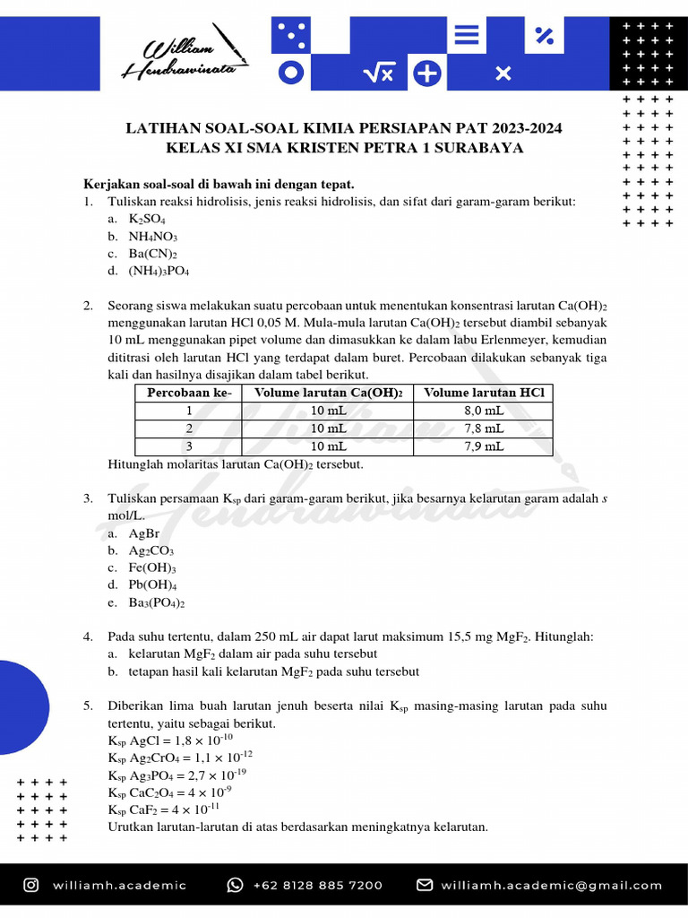 Latihan Soal-Soal Kimia Persiapan PAT 2023-2024 Kelas XI SMA Kristen Petra 1 Surabaya | PDF