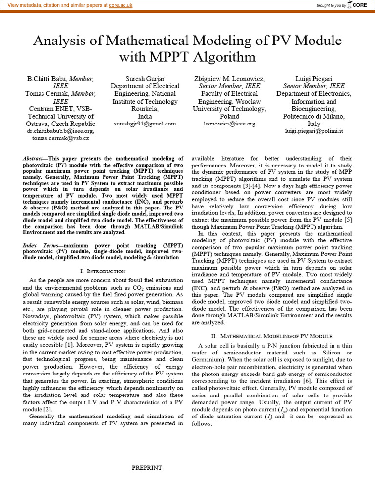 Analysis of Mathematical Modeling of PV Module With MPPT Algorithm ...