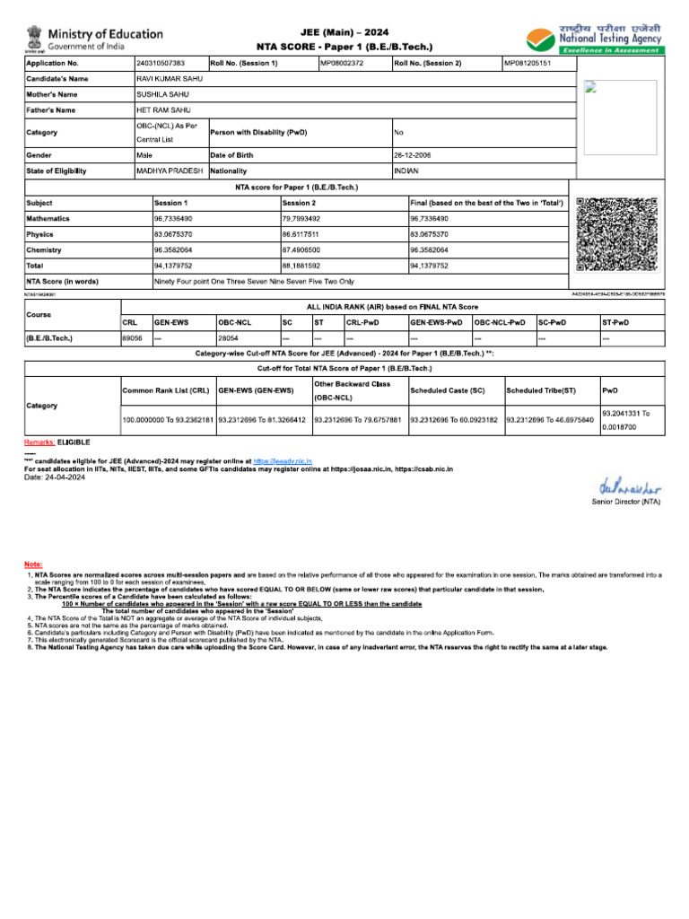 Jee Main Score | PDF