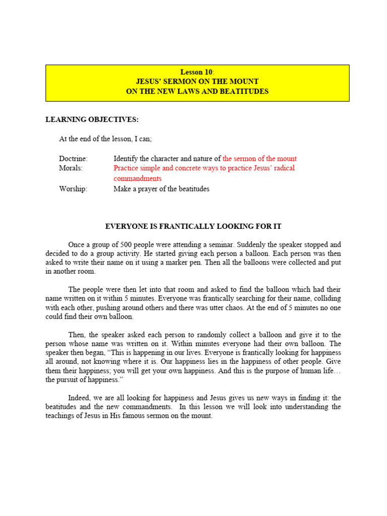 Lesson 10 - Jesus Sermon On The Mount On New Laws and The Beatitudes ...