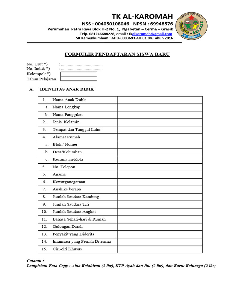 Form Pendaftaran TK | PDF