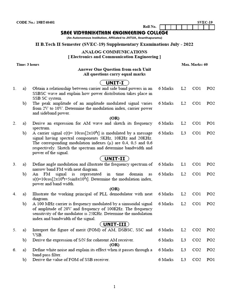 19BT40401 - Analog Communications | PDF | Frequency Modulation | Modulation