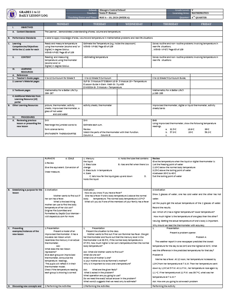DLL - Mathematics 5 - Q4 - W6 | PDF | Thermometer | Temperature