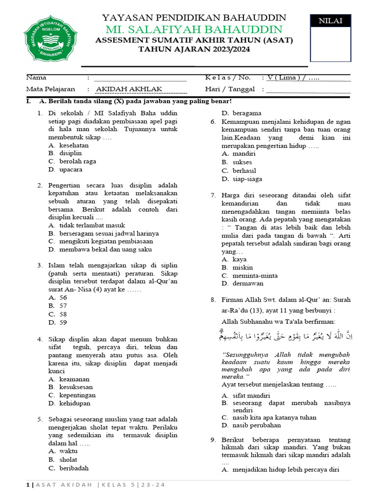 Format Soal Akidah Kelas V Asat (2023-2024) | PDF