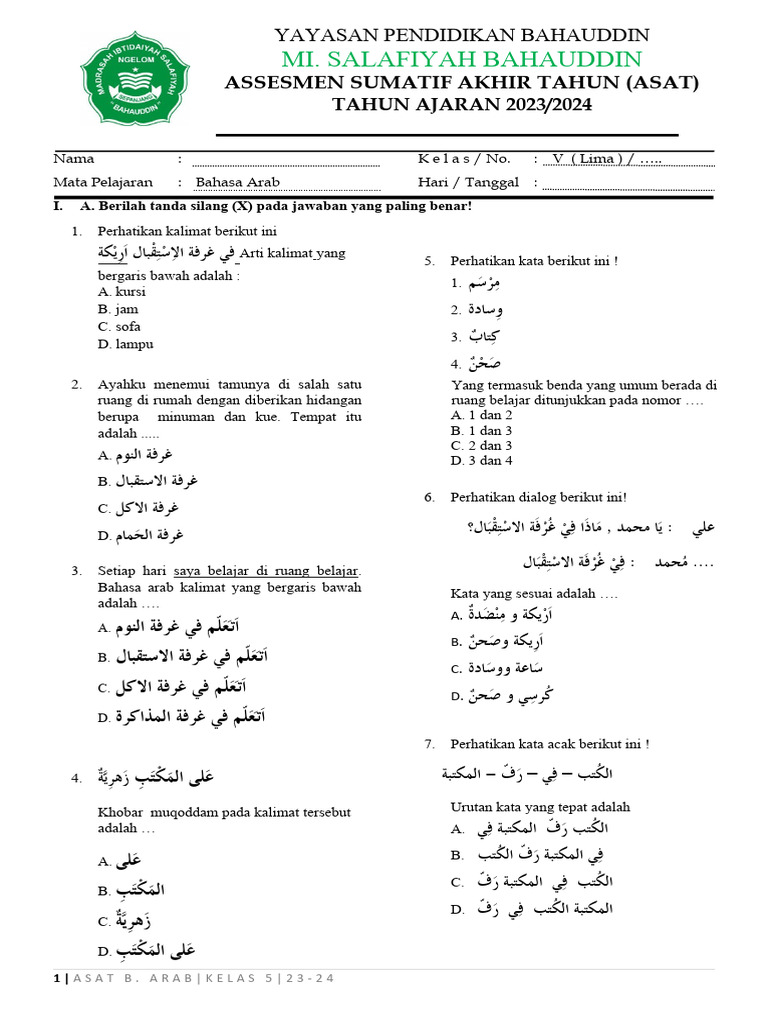 Format Soal Bahasa Arab Kelas V Asat (2023-2024) | PDF