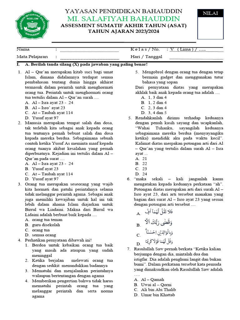Format Soal Asat Mapel Aswaja Kelas V (2023-2024) | PDF