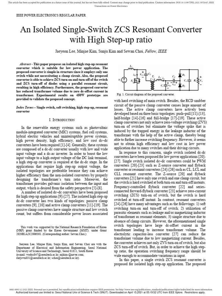 An Isolated Single-Switch ZCS Resonant Converter With High Step-Up Ratio | PDF | Power ...