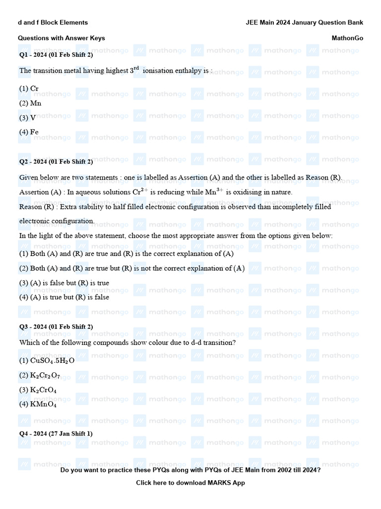 D and F Block Elements - JEE Main 2024 January Question Bank - MathonGo ...
