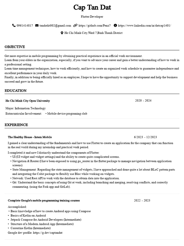 CV Cap Tan Dat - Fresher Flutter Developer | PDF | Mobile App ...