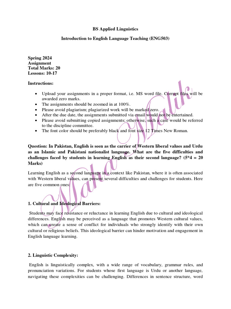 ENG503 Solved Assignment by Maha Malik | PDF | Language Education | English Language