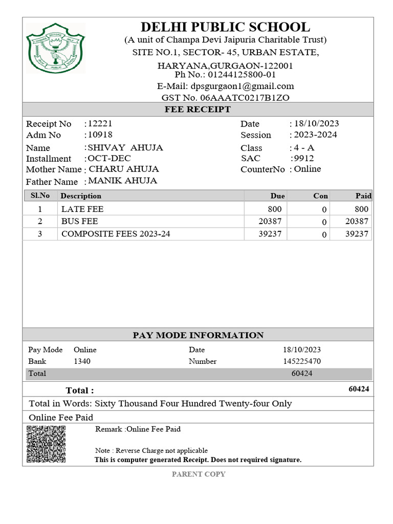 Parent Fee Receipt Prints | PDF