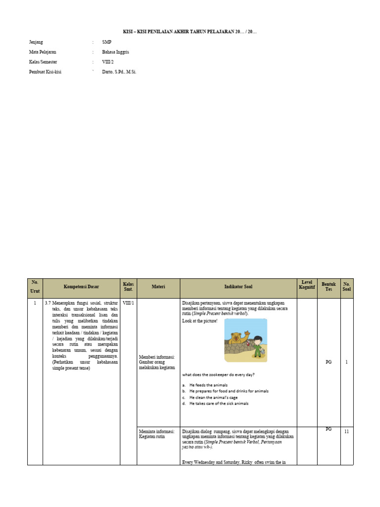 1. Kisi-kisi PAT B. Inggris K8 | PDF