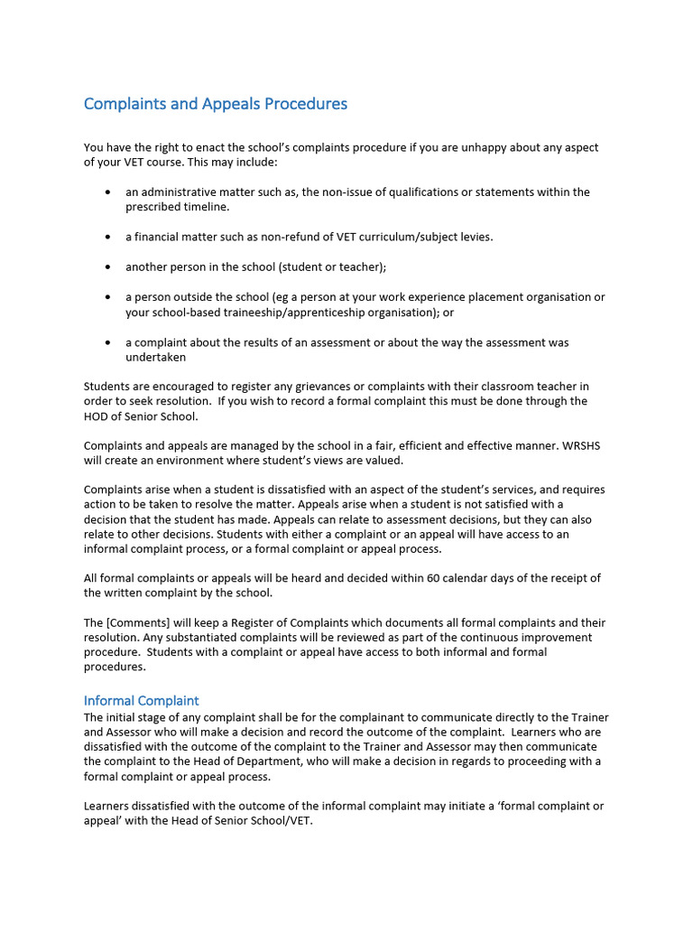 Complaints and Appeals Procedures | PDF | Appeal | Complaint