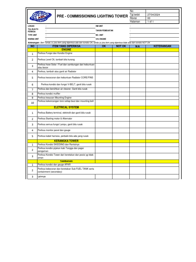 FM-00-HSE-000 Checklist Pre-Commissioning Lighting Tower | PDF
