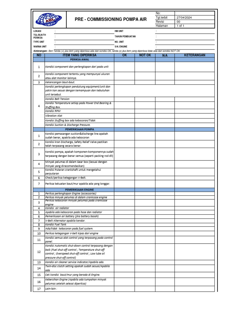 FM-00-HSE-000 Checklist Pre-Commissioning Pompa Air | PDF