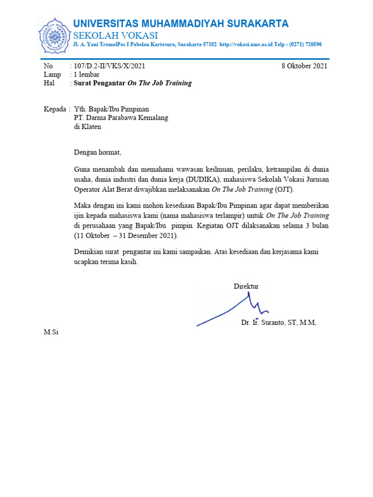 surat pengantar OJT | PDF