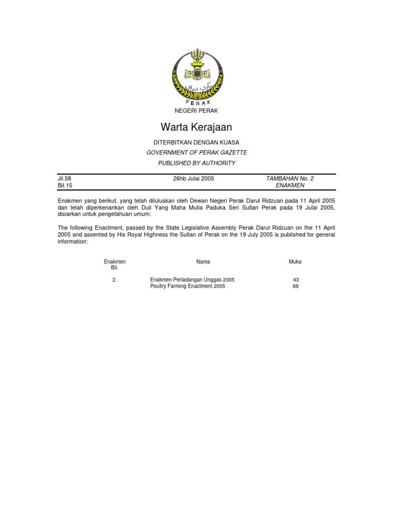 Enakmen Perladangan Unggas 2005 | PDF