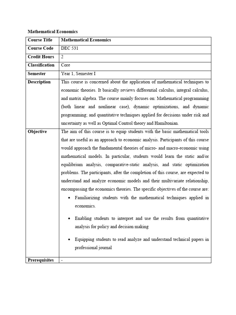 Mathematical Economics Course Outline | PDF | Matrix (Mathematics ... Mathematical Economics Course Outline | PDF | Matrix (Mathematics ...