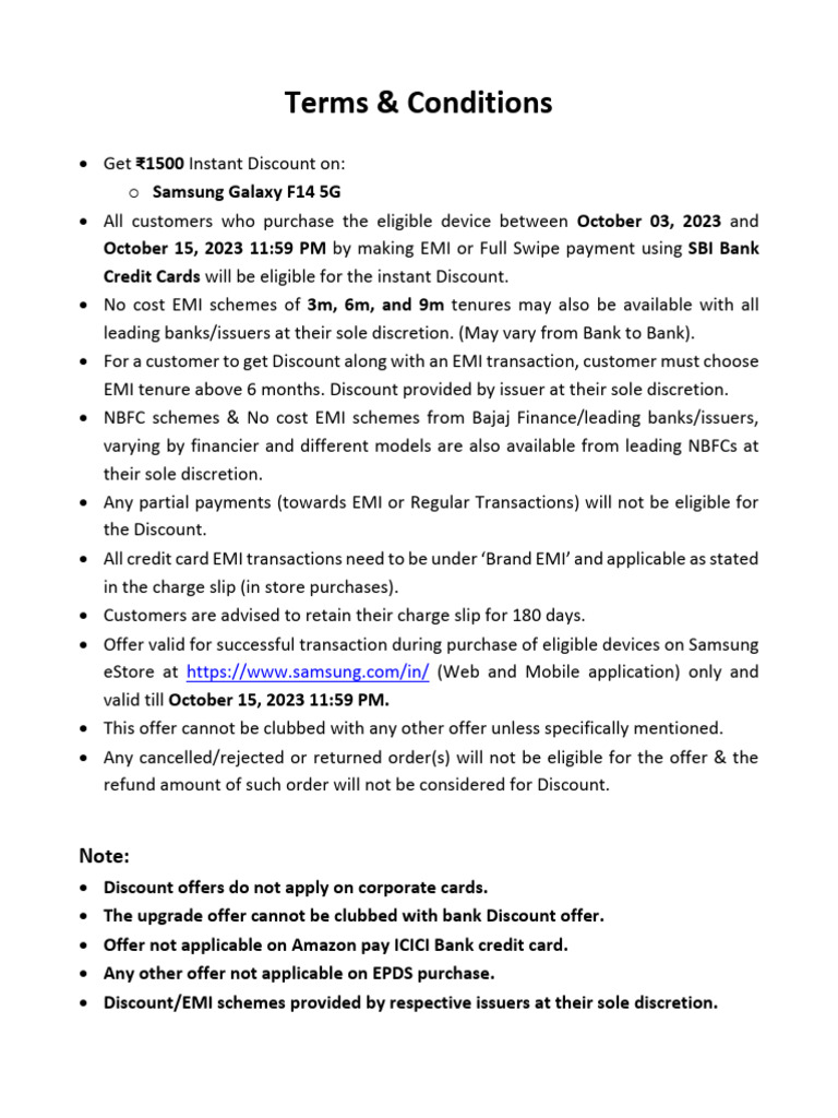 Samsung M14 5G Discount Terms | PDF | Credit Card | Discounts And ...