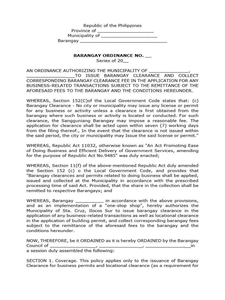 Barangay Resolution Authorizing The Municipal Treasurer To Collect Fees ...