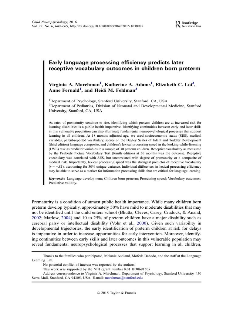 Early Language Processing Efficiency | PDF | Preterm Birth | Dependent ...