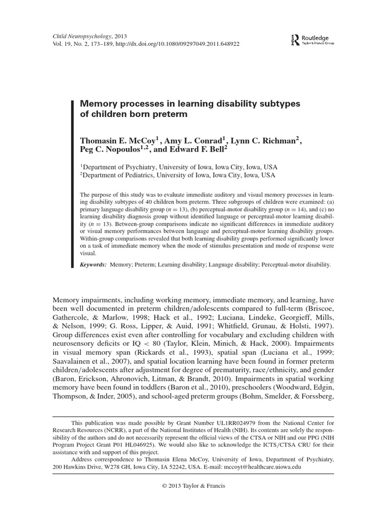 Memory Processes in Learning Disability | PDF | Learning Disability | Cognitive Science