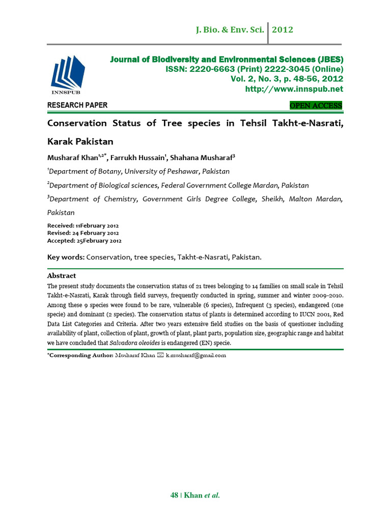 Conservation Status of Tree species in Tehsil Takht-e-Nasrati, Karak ...