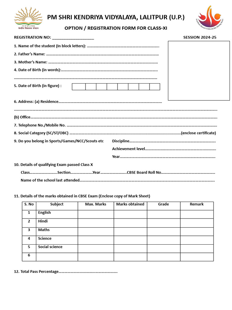 Option Form - Class 11 - 2024-25 | PDF