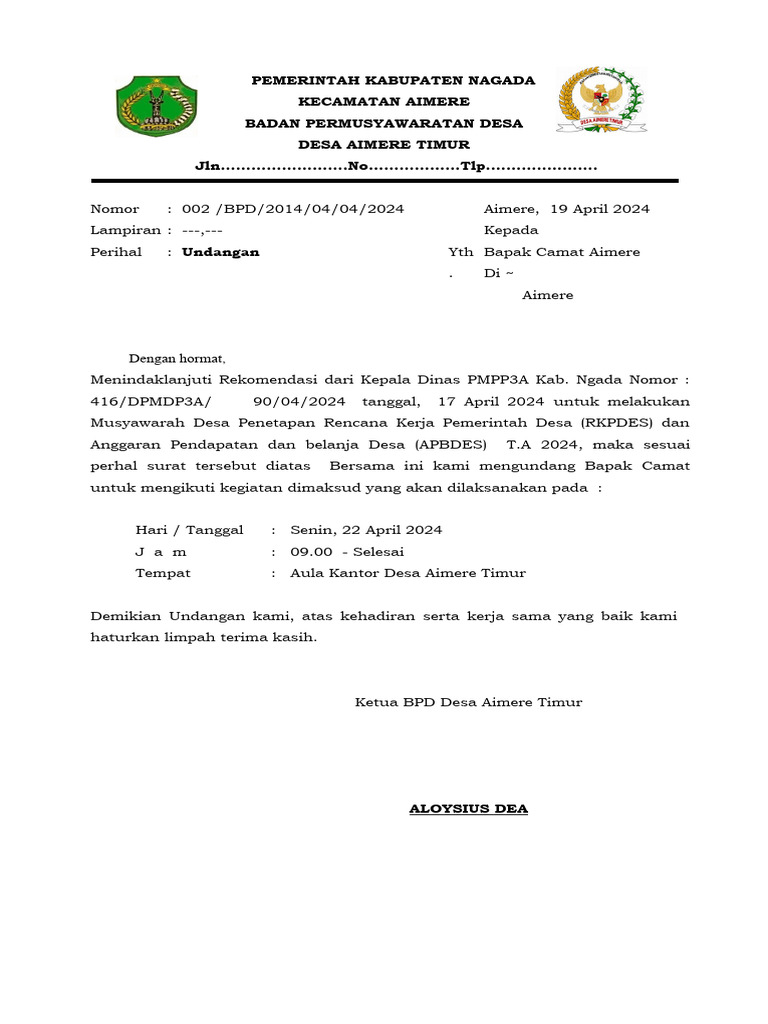 Undangan Musyawarah Desa RKPDES 2024 | PDF
