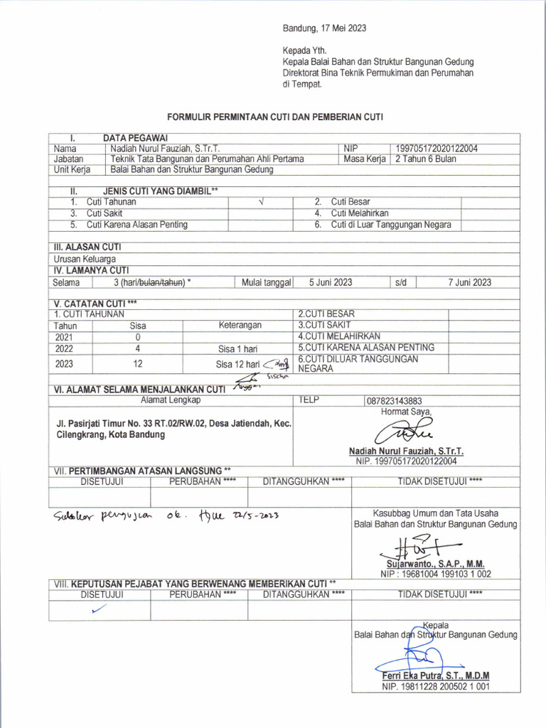 Form Cuti Tahunan Tgl. 05 S..D 07 Juni 2023, Selama 3 Hari | PDF