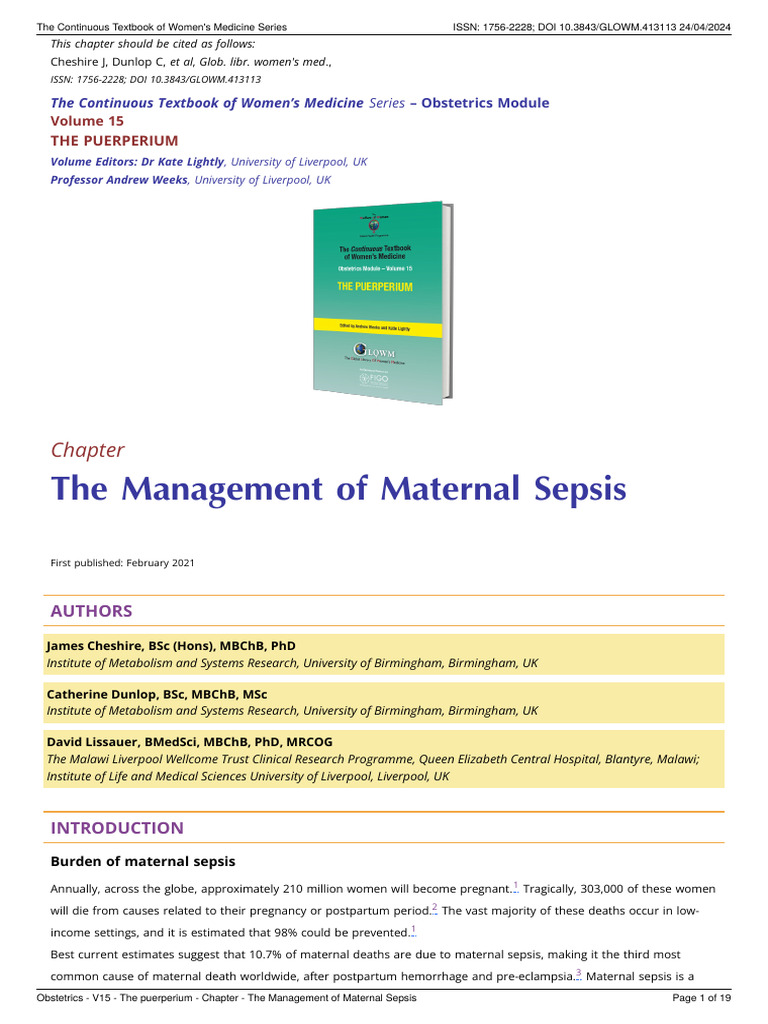 Obstetrics V15 The Puerperium Chapter The Management of Maternal Sepsis ...
