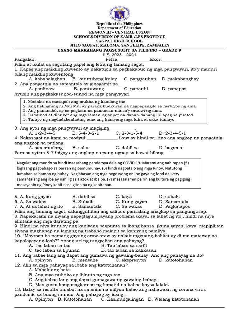 Filipino 9 1st Q Exam | PDF