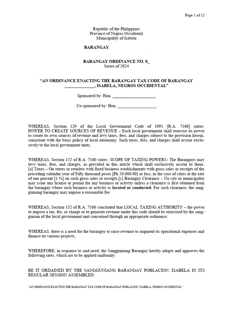 Barangay Tax Code Ordinance 2024 | PDF | Taxes | Value Added Tax