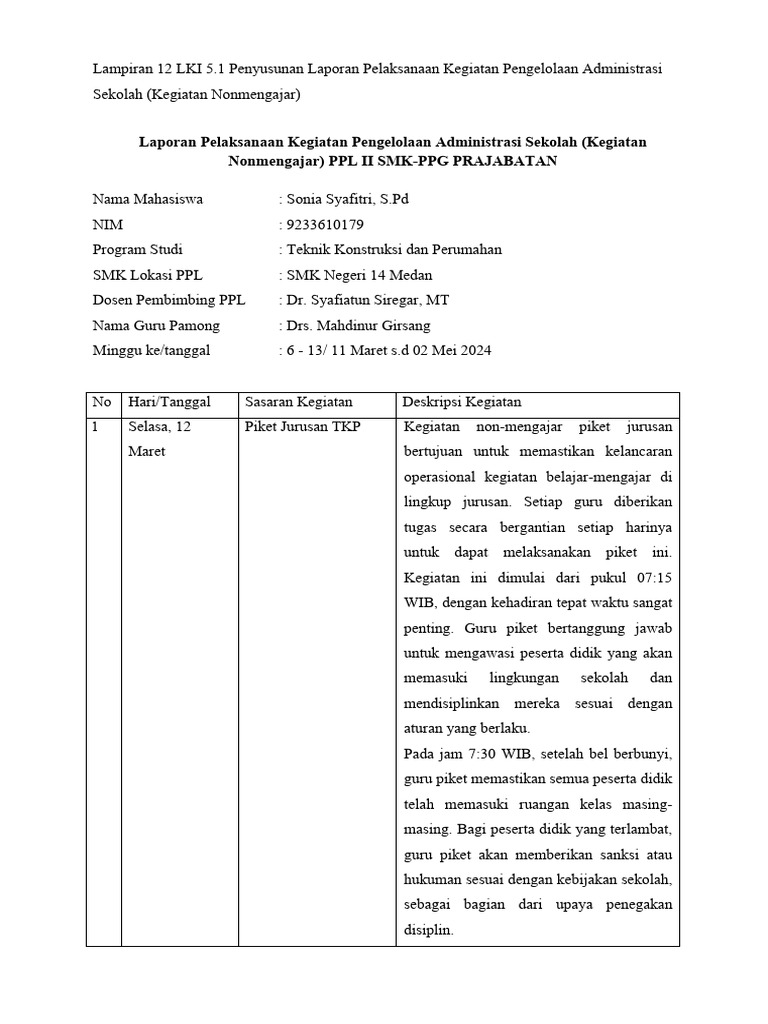 Lampiran 12 Format LK 5.1 Penyusunan Laporan Pelaksanaan Kegiatan Pengelolaan Administrasi ...