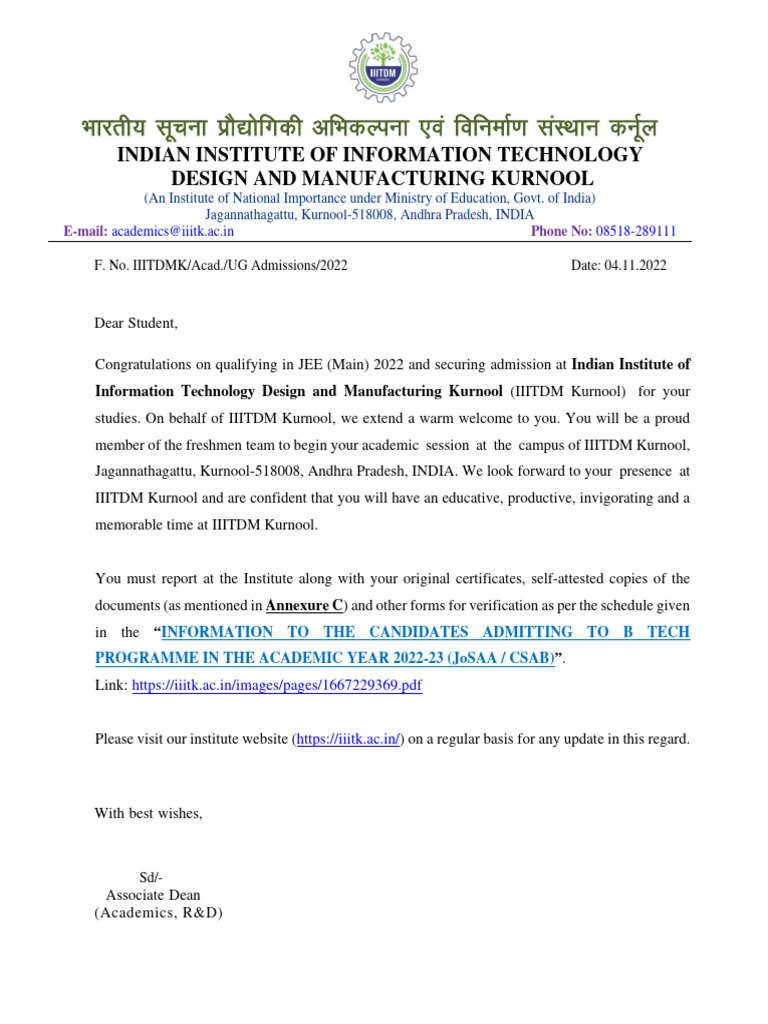 IIITDM Kurnool B.Tech Admission Notice | PDF | Business | Computers