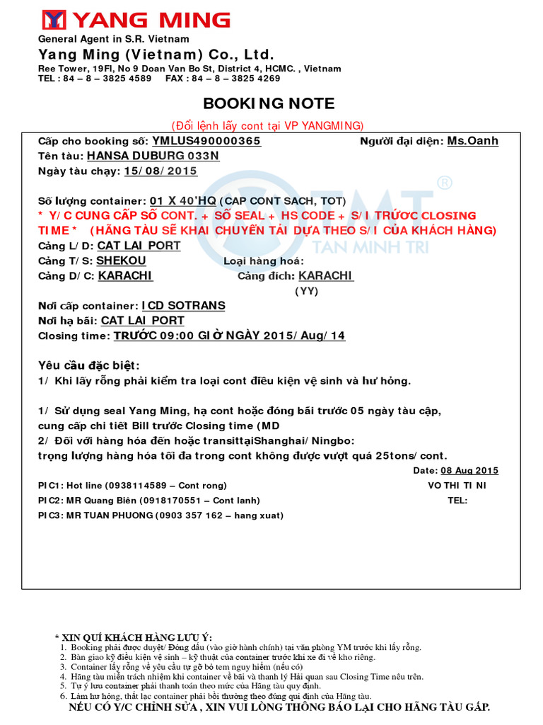 Booking Note - YangMIng | PDF