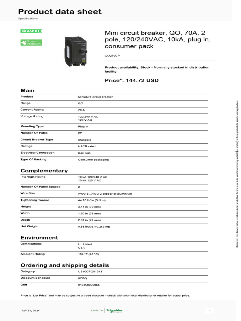 Schneider Electric Square D QO and QOB Miniature Circuit Breakers ...