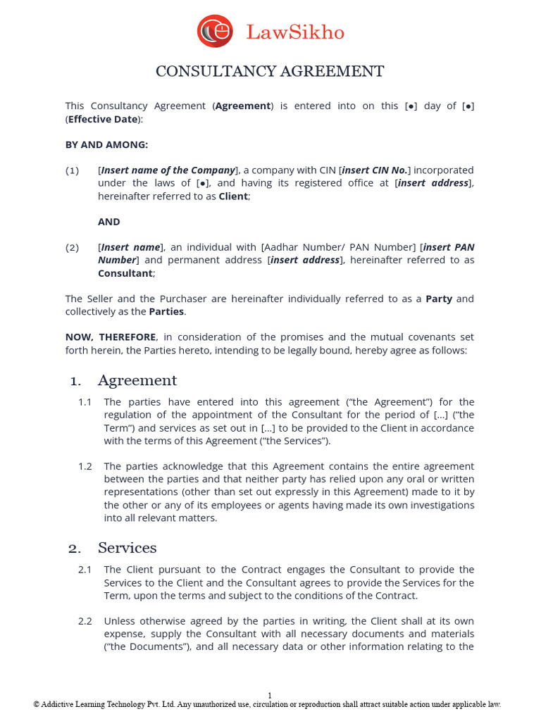 Template of A Consultancy Agreement | PDF | Arbitration | Indemnity