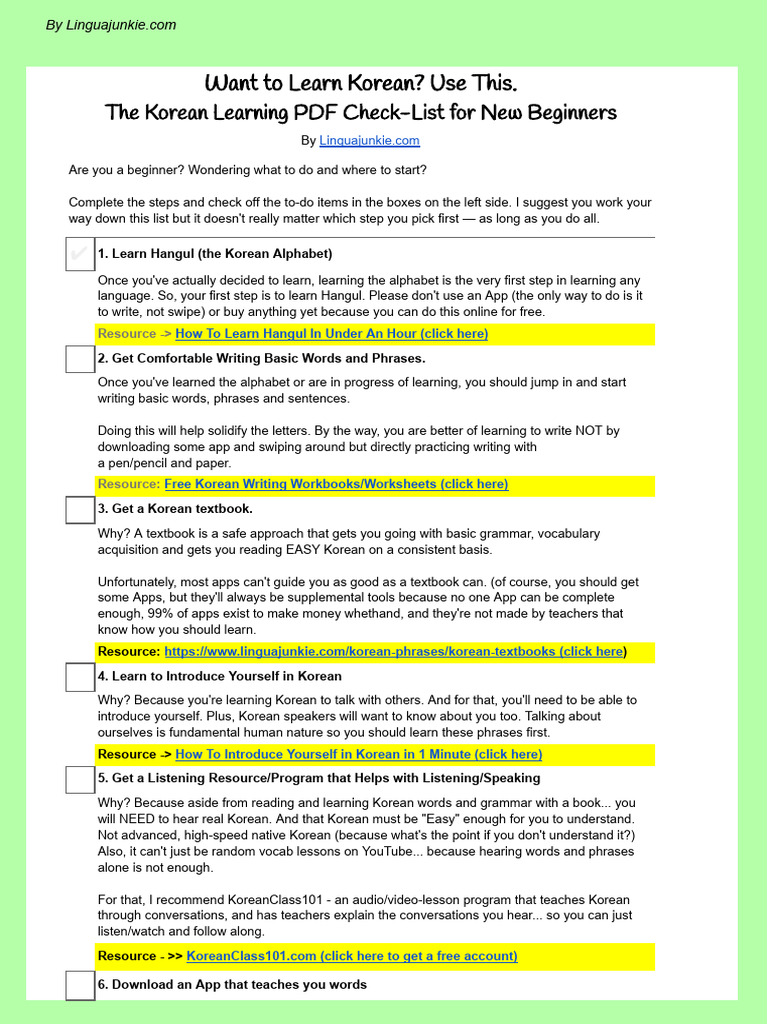 Linguajunkie-Korean-Beginner-Worksheet-Checklist | PDF | Korean ...