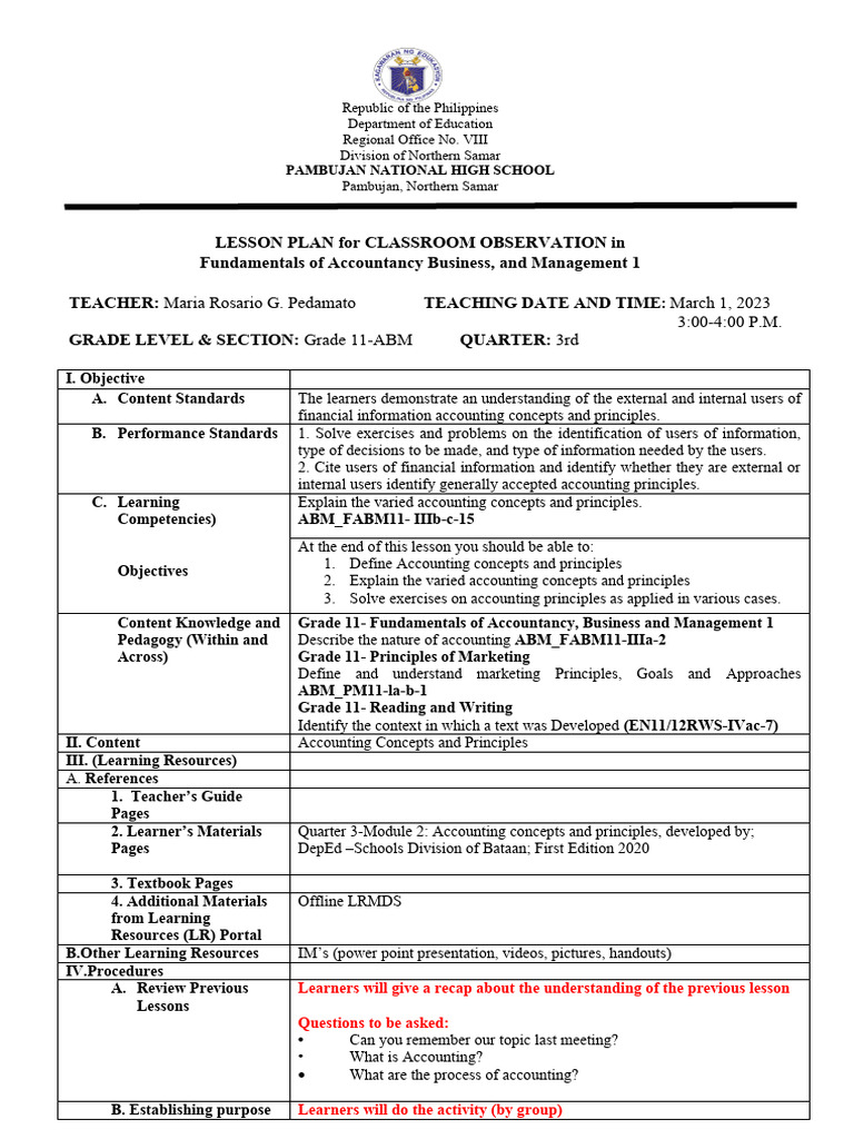 Grade 11 Accounting Lesson Plan | PDF | Revenue | Financial Statement