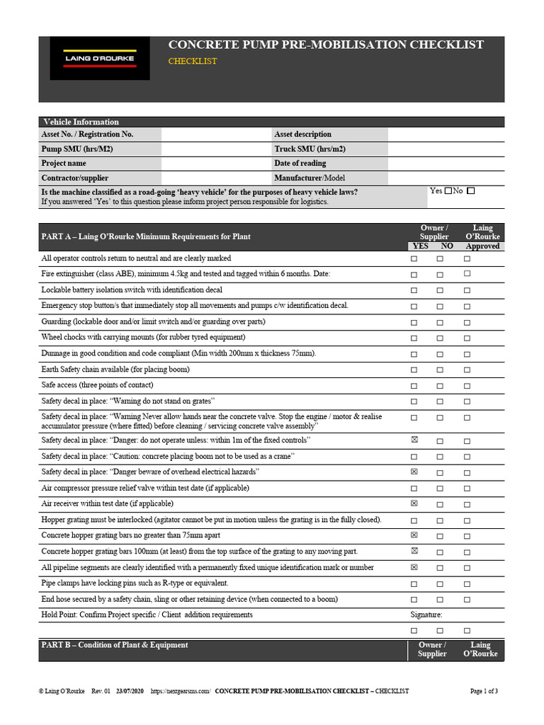 Concrete Pump Pre Mobilisation Checklist | PDF | Pump | Truck