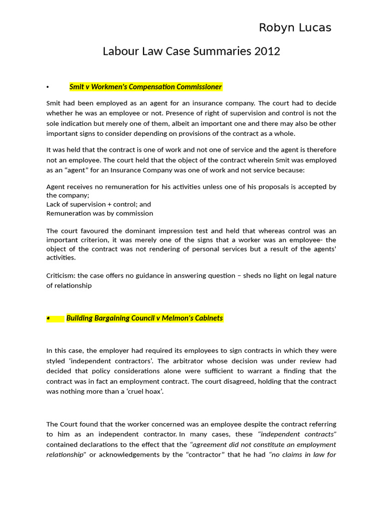 Labour Law Case Summaries 1 | PDF | Employment | Sexual Harassment