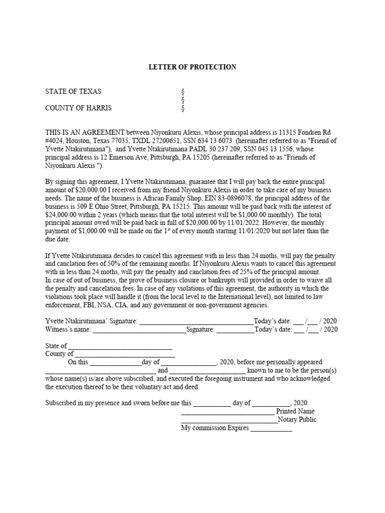 Letter of Protection - Yvette Ntakirut and Alexis Niyonk | PDF ...