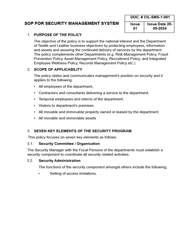 Sop For Security Management System: DOC. # CIL-SMS-1-001 Issue 01 Issue Date 20-05-2024 | PDF ...
