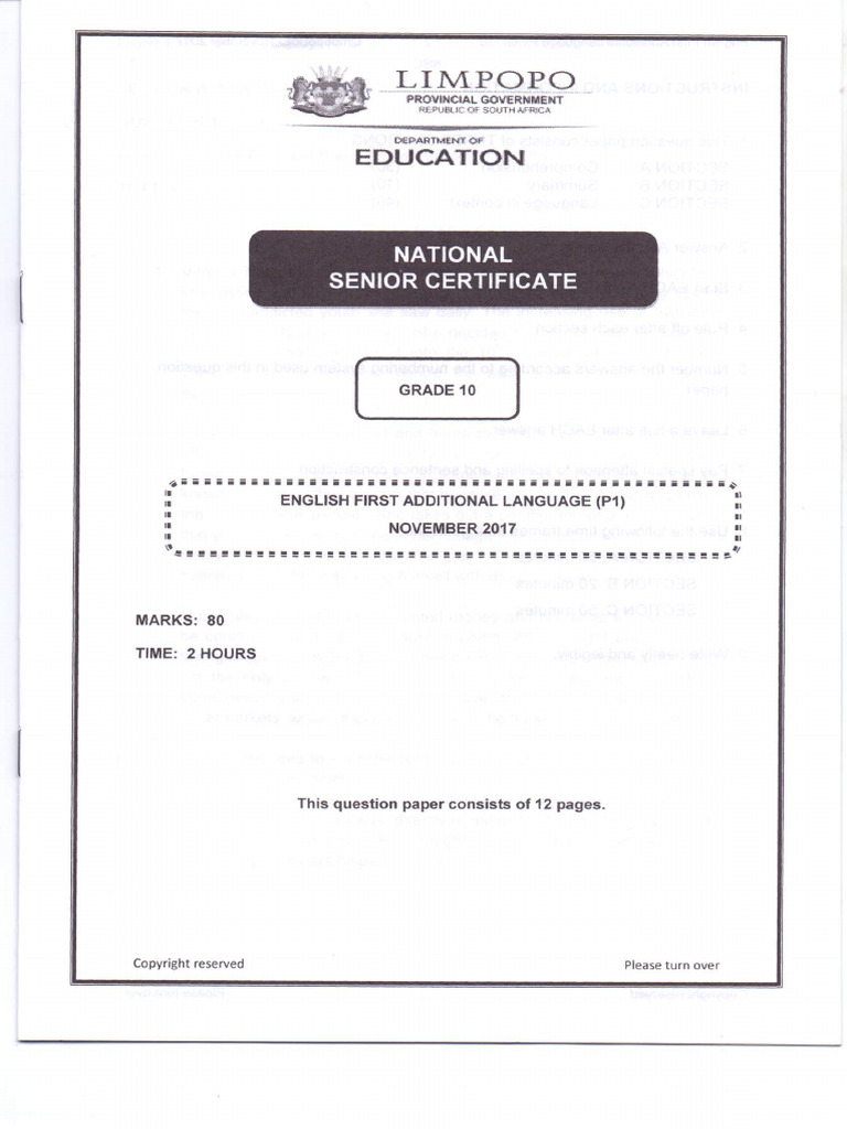 English FAL Nov 2017 Grade 10 QP 1 | PDF