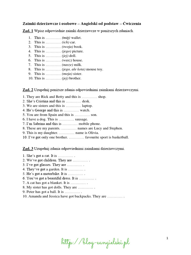 Zaimki Dzierżawcze I Osobowe - Angielski Od Podstaw - Ćwiczenia | PDF ...